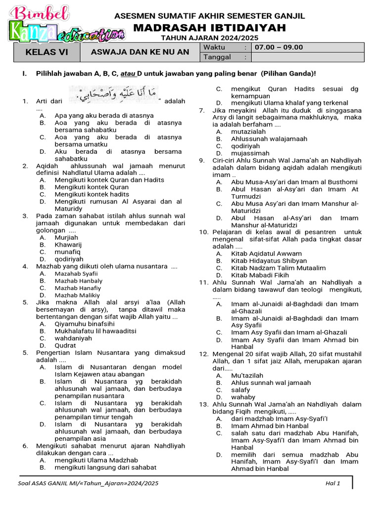 3. NASKAH SOAL SAS GANJIL_2024_ASWAJA Kelas 6 | PDF