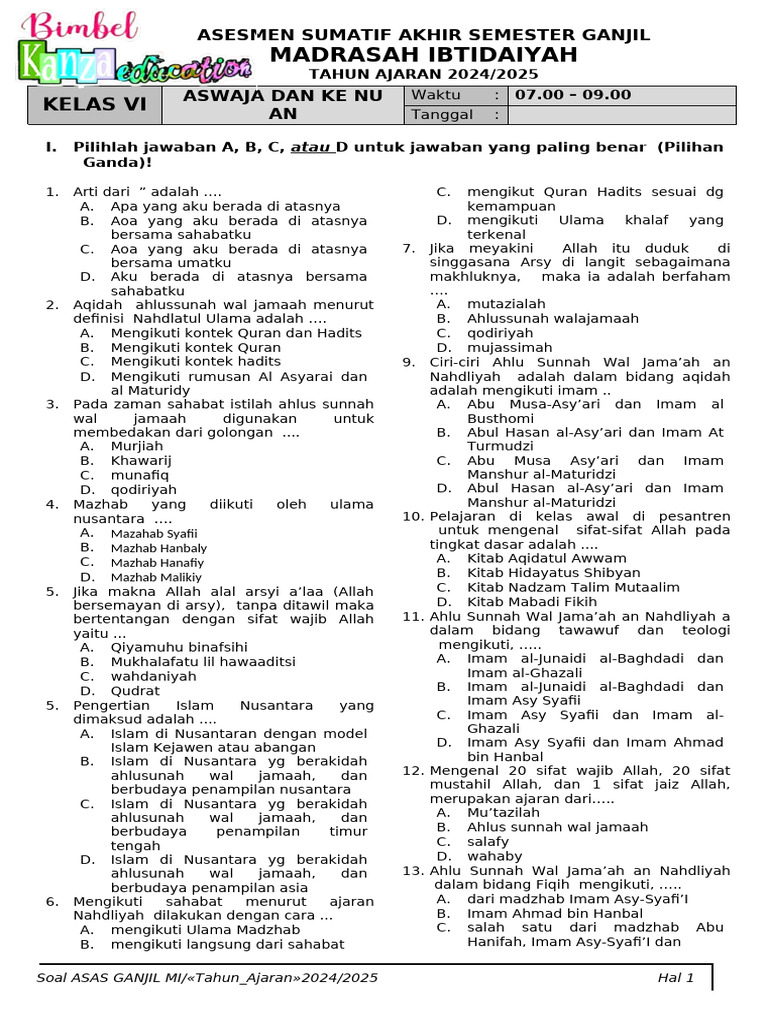 3. NASKAH SOAL SAS GANJIL_2024_ASWAJA Kelas 6 | PDF