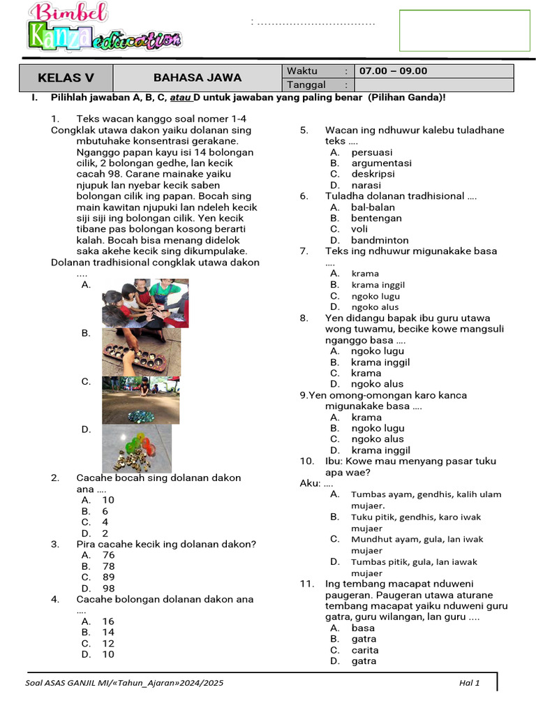 4. Naskah Soal Sas Ganjil Bhs Jawa 5 24-25 | PDF