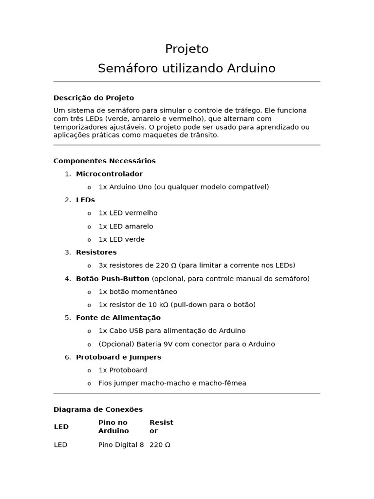 Projeto Semáforo Utilizando Arduíno | PDF | Arduino | Diodo emissor de luz