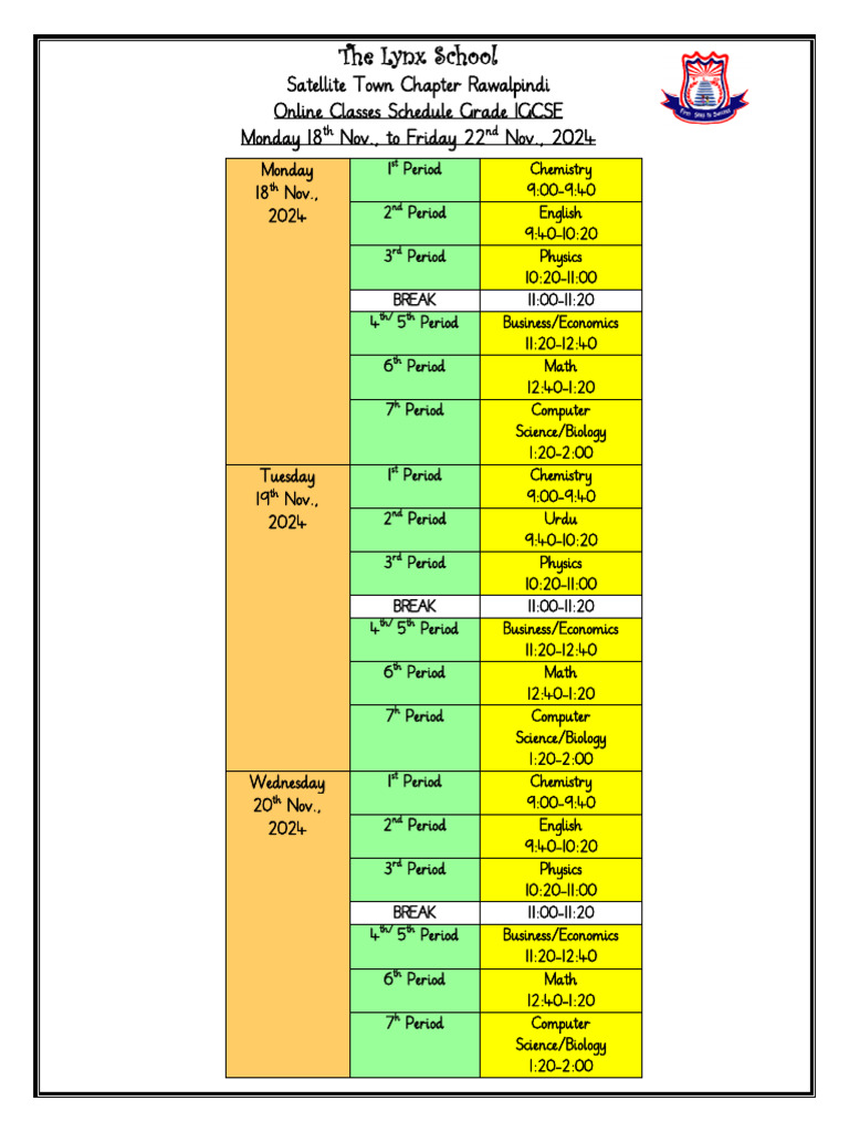 Online Jhclasses Time Table Grade IGCSE 18th - 22nd Nov 2024 | PDF