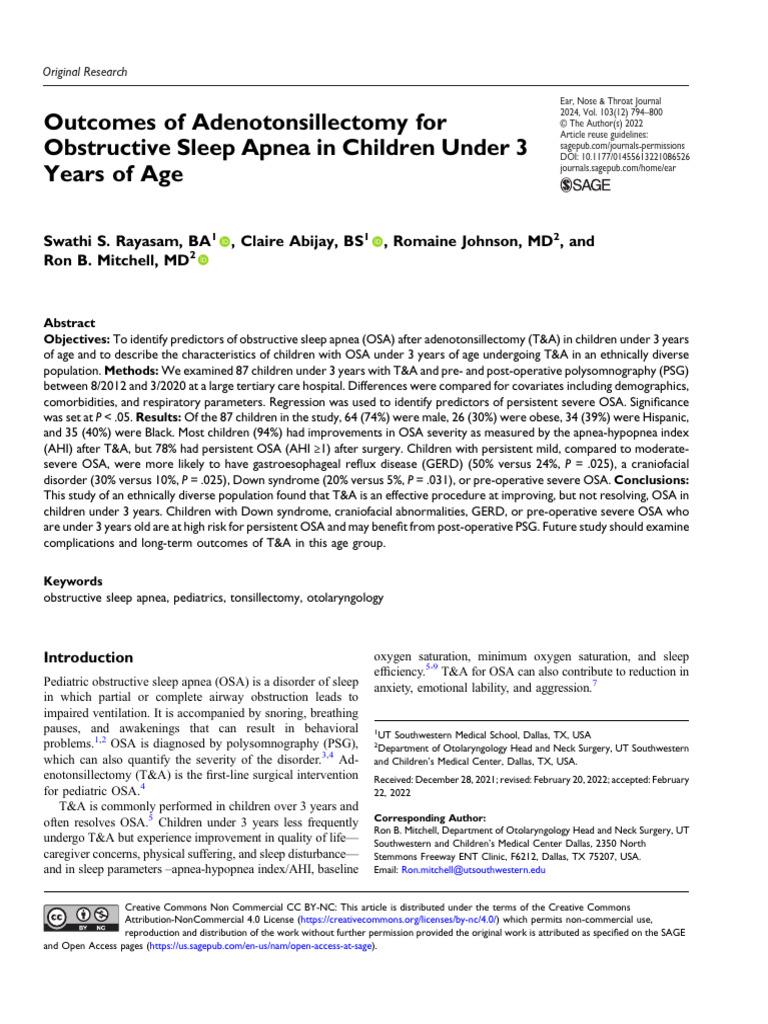 Adenotonsillectomy Outcomes in Young OSA | PDF | Sleep Apnea | Animal ...