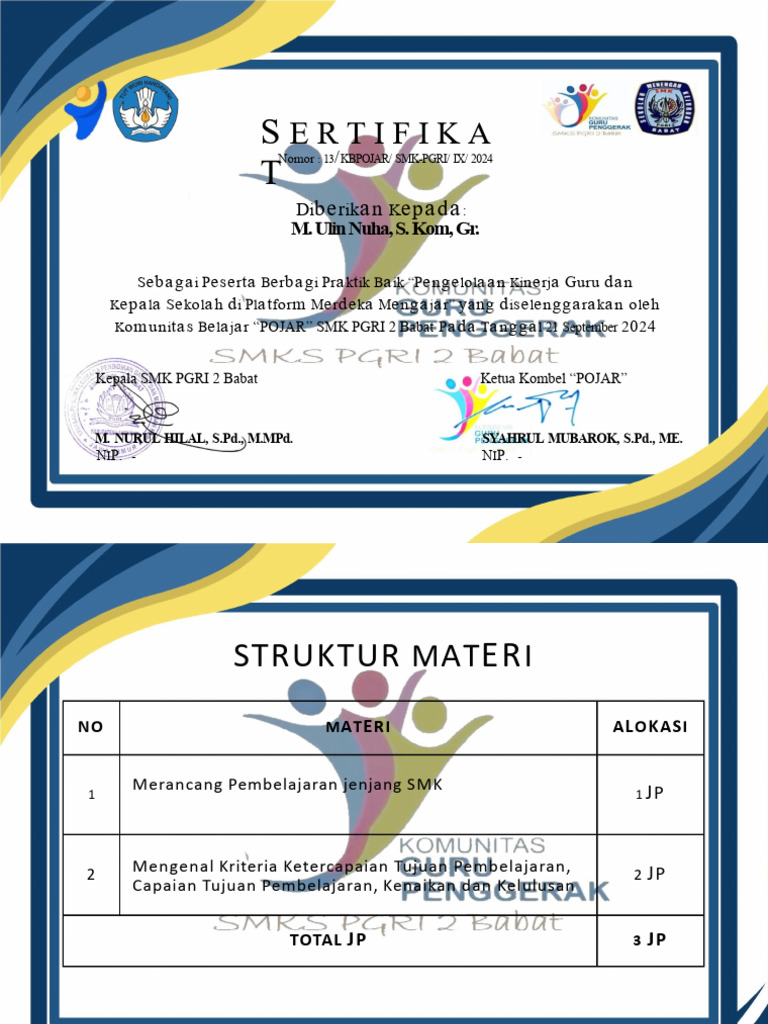 Sertifikat Kombel - Pojar - SMK PGRI 2 Babat - 9 - 21 September 2024 | PDF