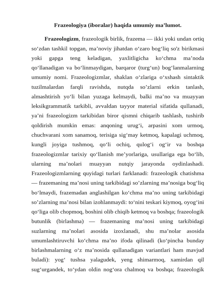 Frazeologiya (Iboralar) Haqida Umumiy Ma Lumot. | PDF