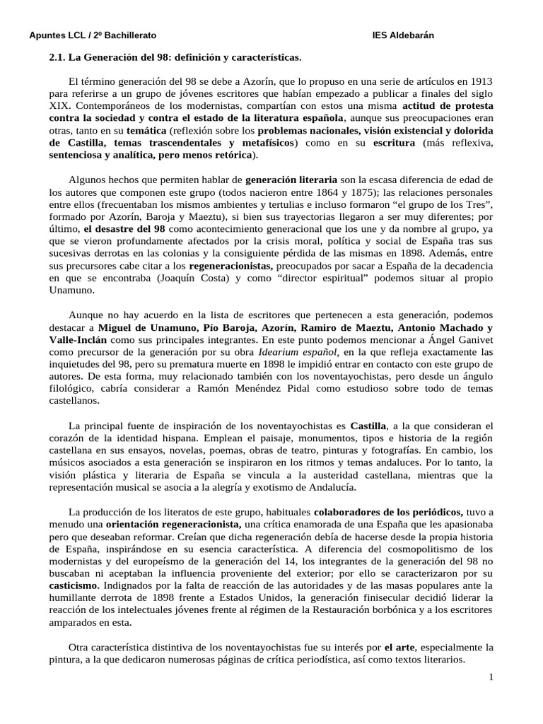 La Generación Del 98. Definición y Características. | PDF