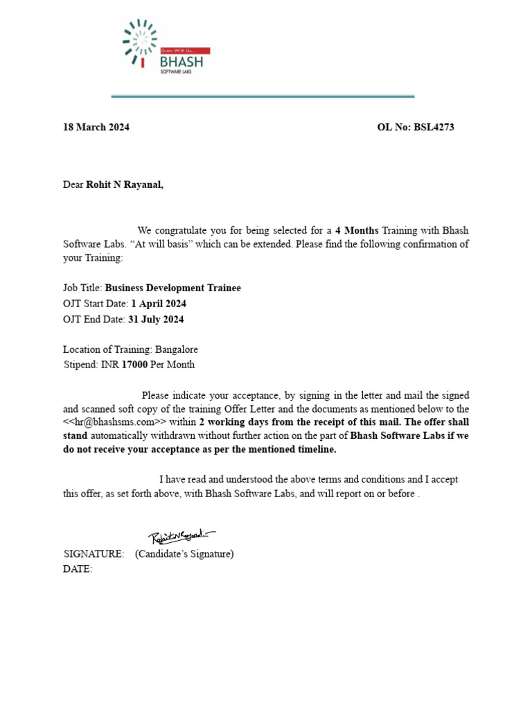 Bhash Software Labs Offer Letter - Rohit N Rayanal | PDF