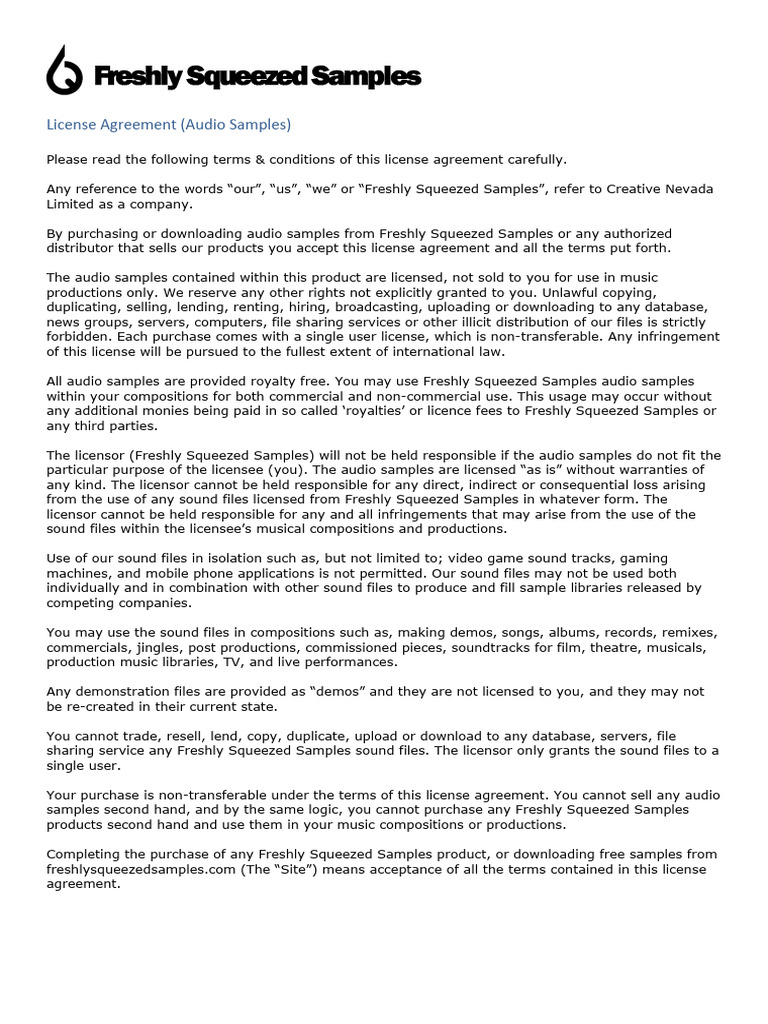 Freshly Squeezed Samples - License Agreement | PDF | License | Royalty Payment