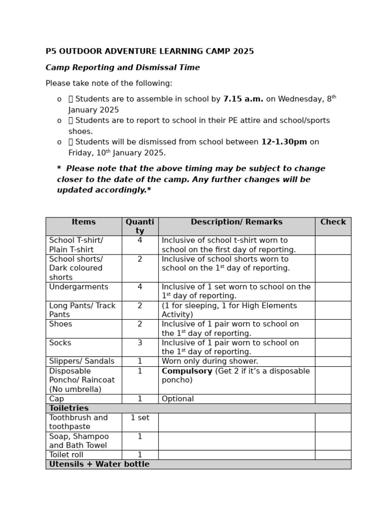 p5 Outdoor Adventure Learning Camp 2025 Packing List | PDF | Clothing ...