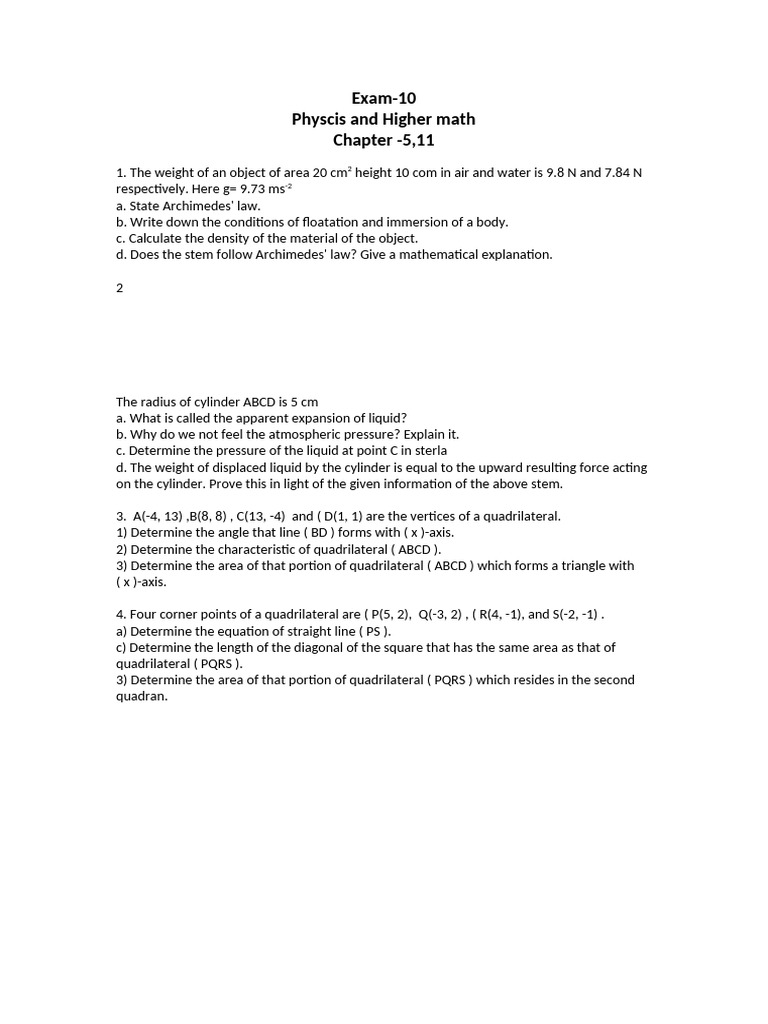 Exam math,physics | PDF | Buoyancy | Pressure