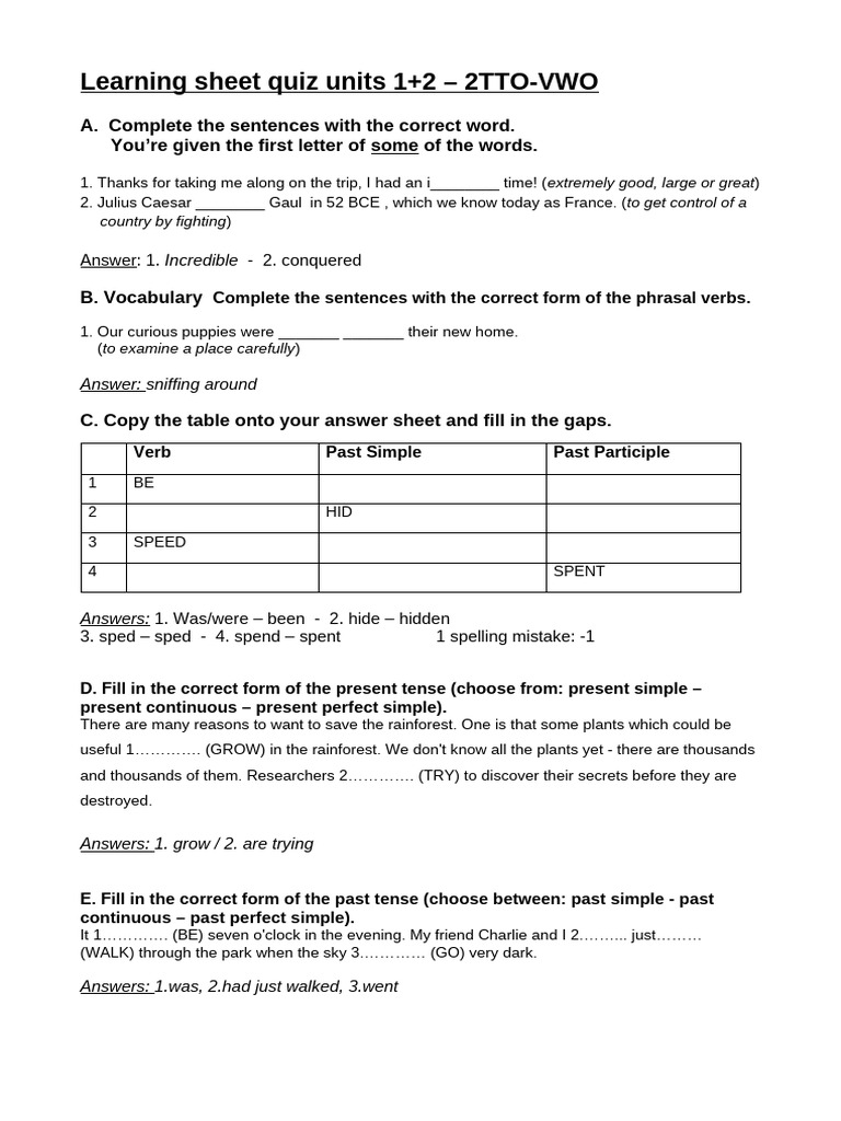 Learning sheet quiz units 1+2 | PDF Learning sheet quiz units 1+2 | PDF