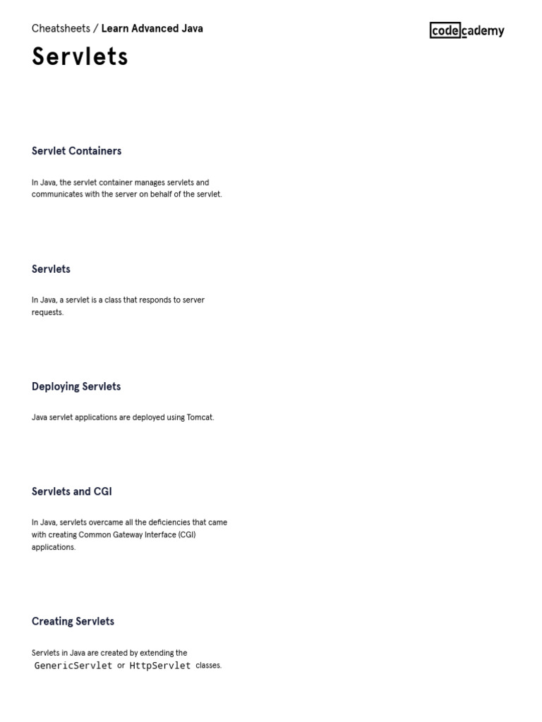 Learn Advanced Java - Servlets Cheatsheet - Codecademy | PDF