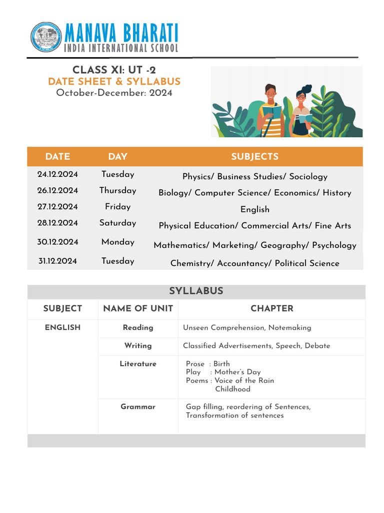 UT 2 - CLASS XI - Date Sheet and Syllabus | PDF | Economics | Mathematics