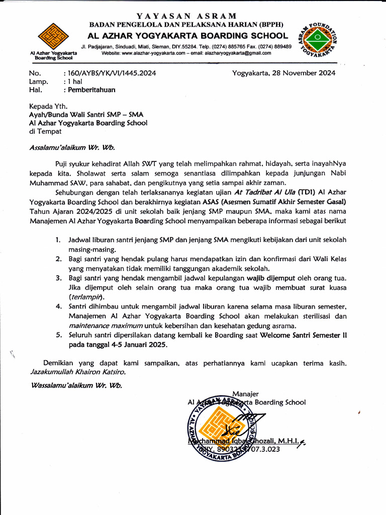 Contoh Surat Pemberitahuan Libur | PDF