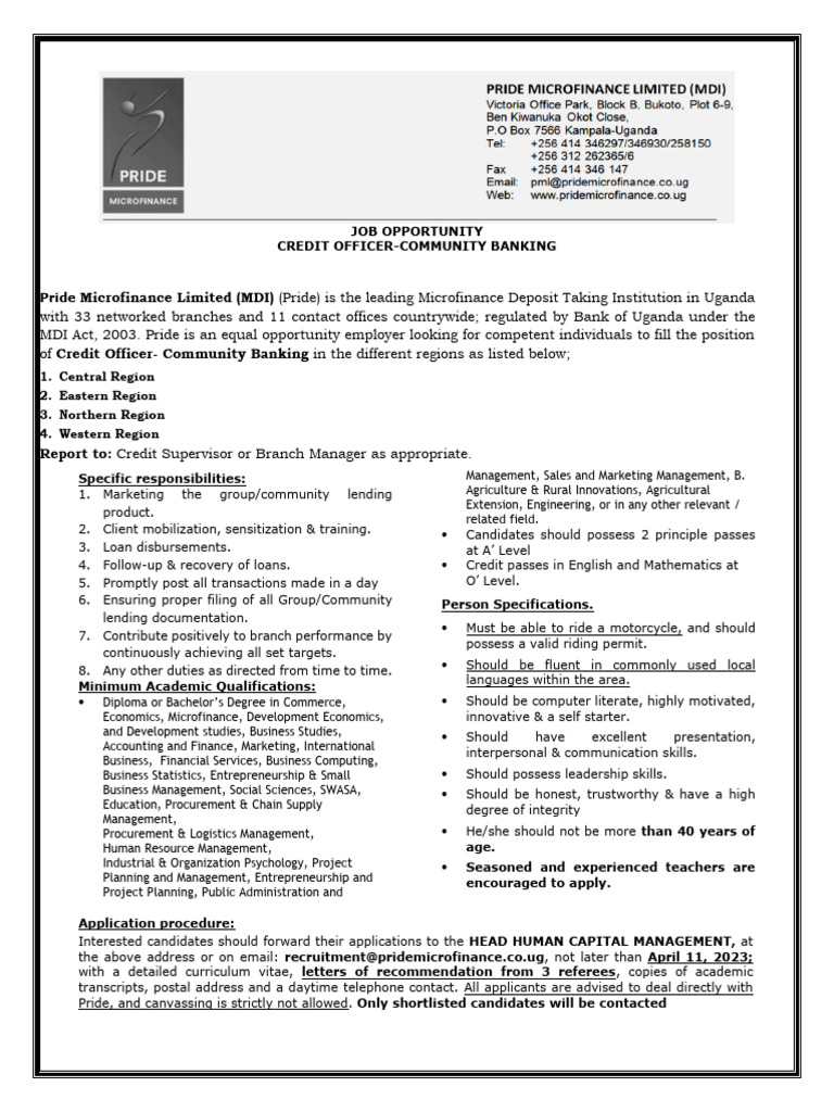 Credit Officer Job at Pride Microfinance | PDF | Microfinance | Banks