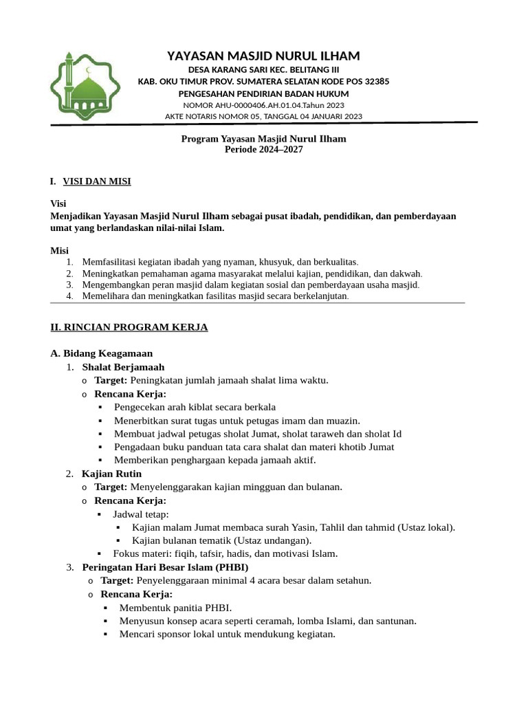 PROGRAM KERJA BKM nurul ilham 2024-2027 | PDF