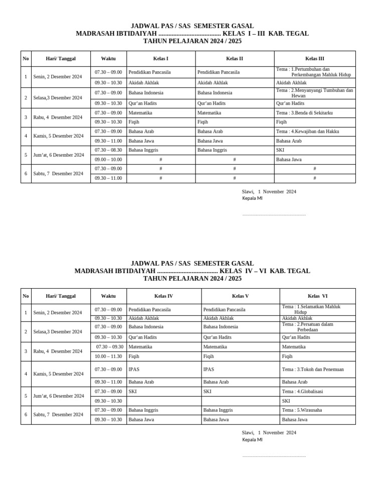JADWAL PAS. SAS _1. MI ...... .Kls 1-6. TP. 2024.2025 | PDF
