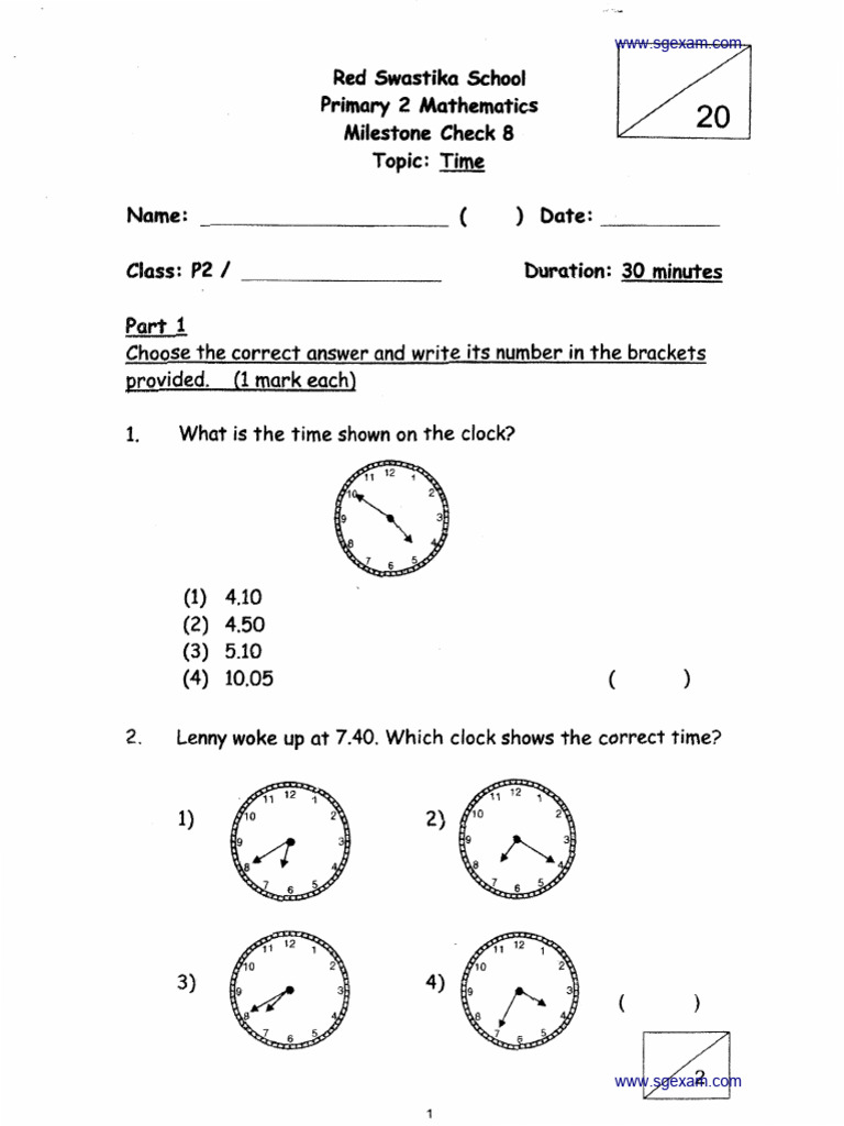 2021 P2 Maths Milestone Time Check8 Red Swastika | PDF