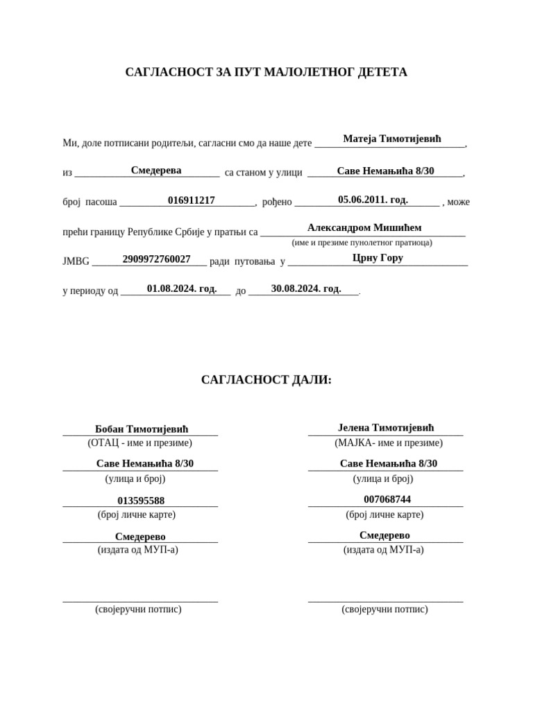 Saglasnost Za Putovanje Maloletnog Deteta U Inostranstvo Bez Oba ...