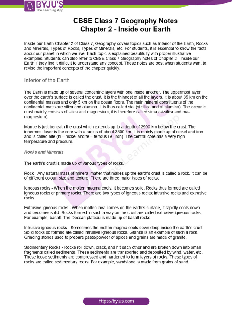 CBSE Class 7 Geography Notes Chapter 2 Inside Our Earth | PDF | Rock ...