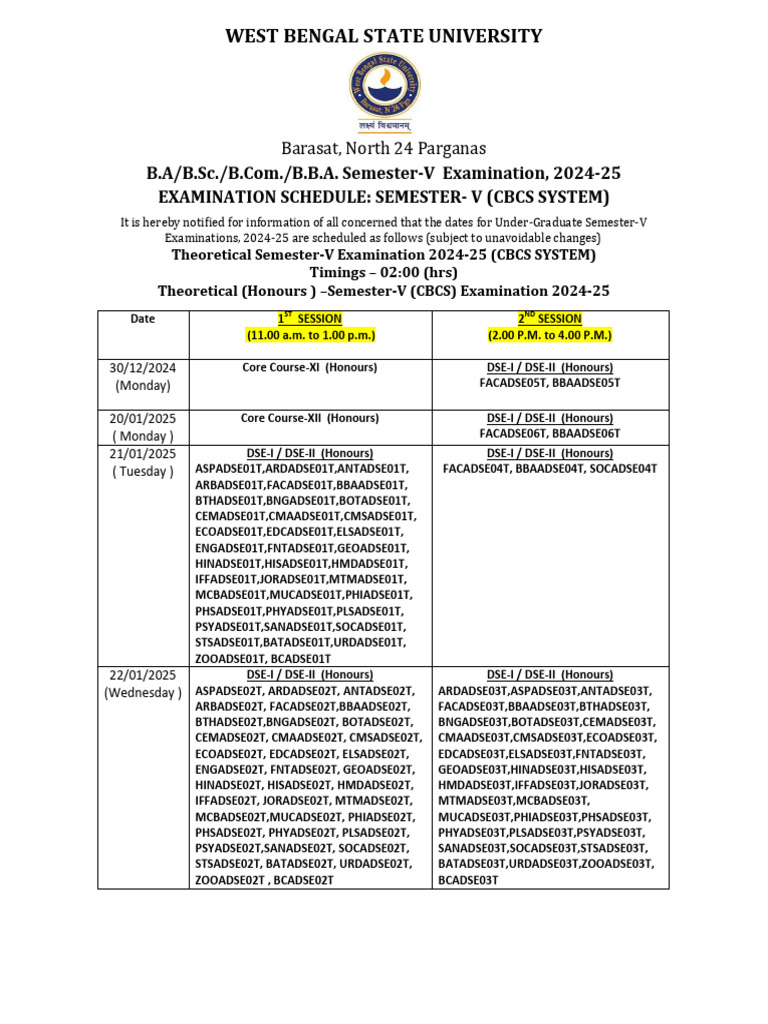 WBSU Semester-V Exam Schedule | PDF | Liberal Arts Education | Science