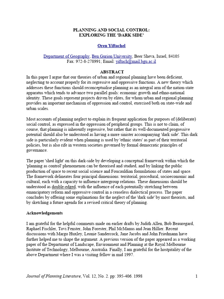 Yiftachel 1998 Planning+social-Control Exploring-Dark-Side | PDF | Nation State | Michel Foucault