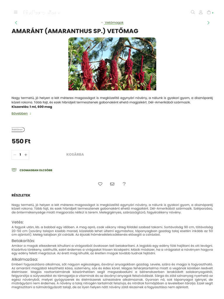 Amaránt (Amaranthus SP.) Vetőmag - MediterranFarm Kertészet | PDF