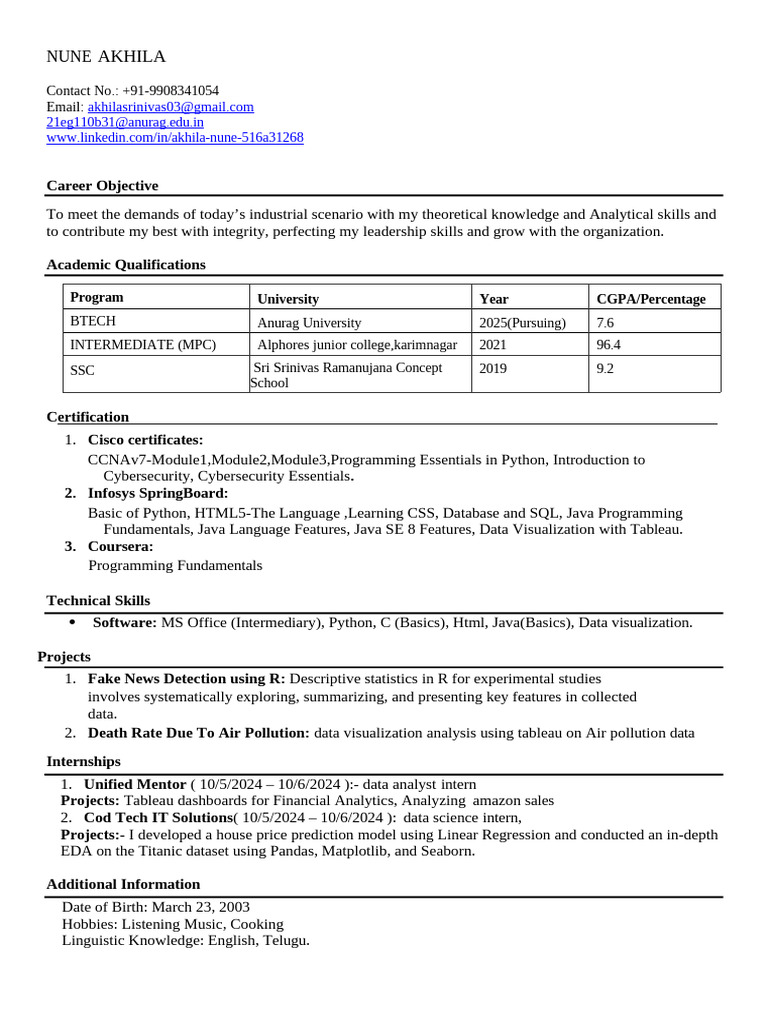 Resume Akhila | PDF