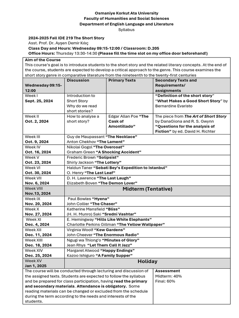 2024-2025 Short Story Syllabus | PDF