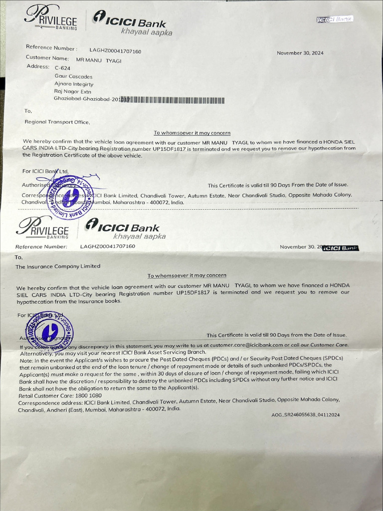 NOC for Hypothecation Removal | PDF