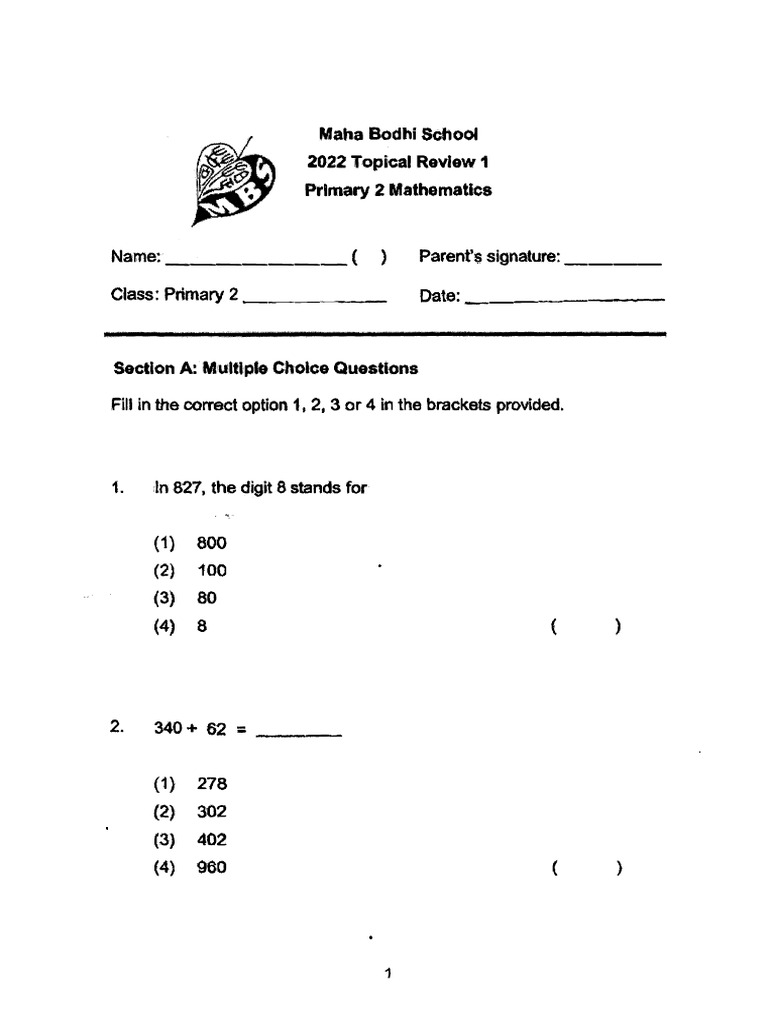 P2 Maths 2022 MahaBodhi RV1 Paper - Questions | PDF
