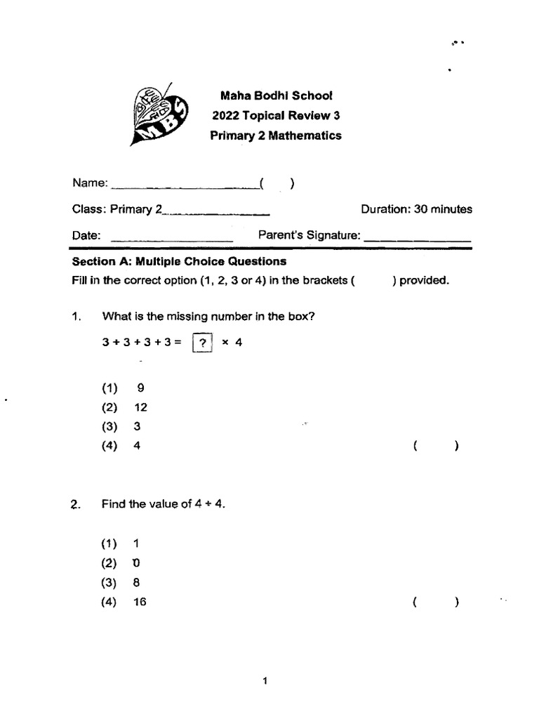 P2 Maths 2022 MahaBodhi RV3 Paper - Question | PDF