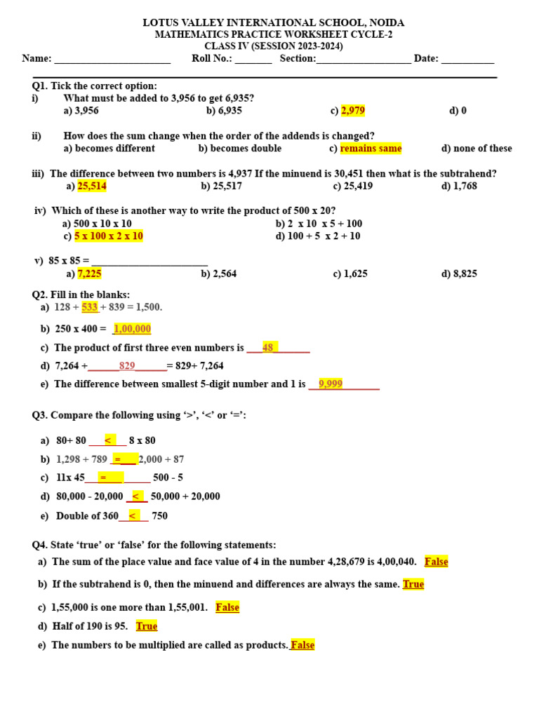 Answer Key-Gr4 Cycle II Practice Worksheet | PDF | Subtraction | Arithmetic