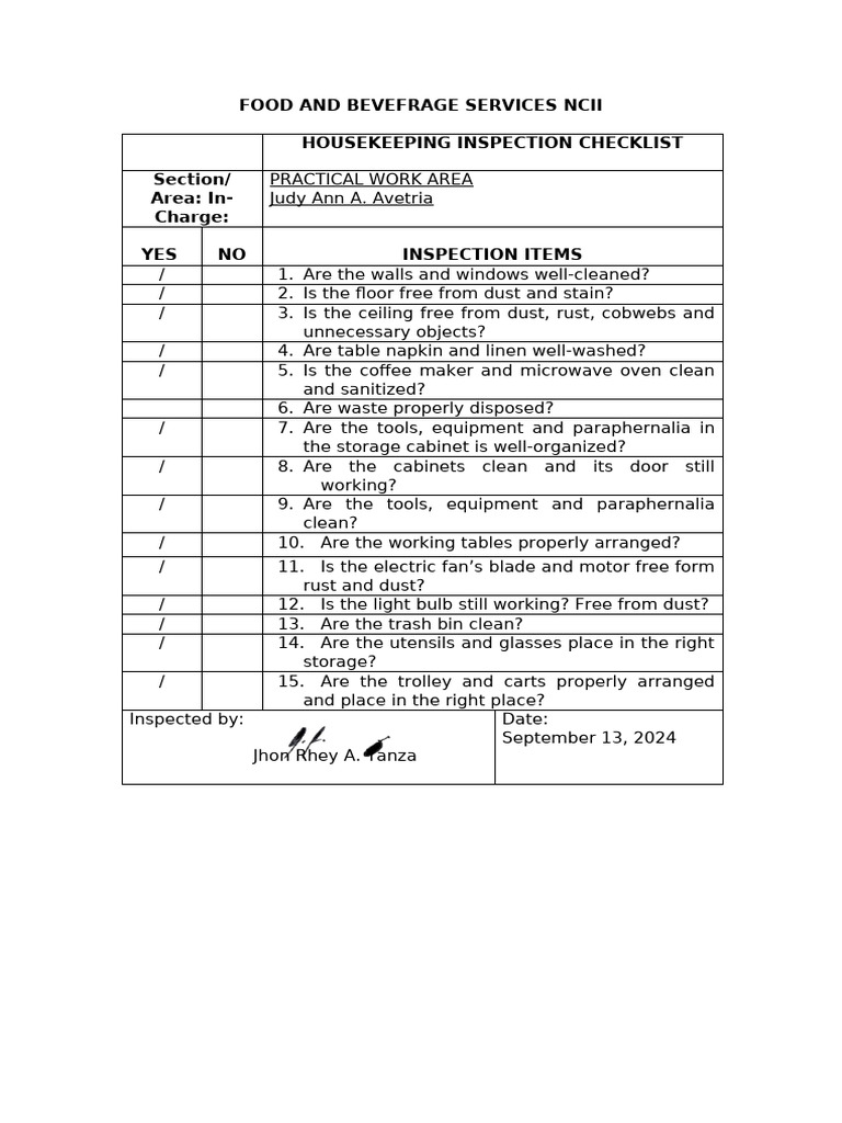 Housekeeping Inspection Checklist NCII | PDF | Housekeeping | Secondary ...