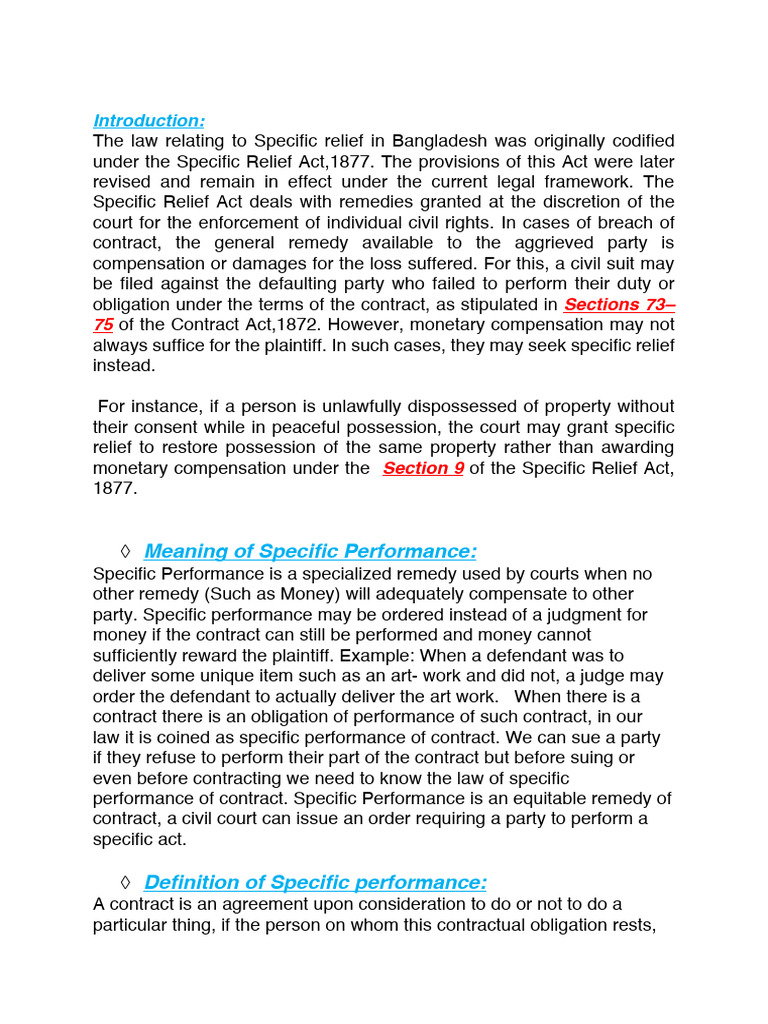 Specific Relief Act J1877 | PDF | Legal Remedy | Specific Performance