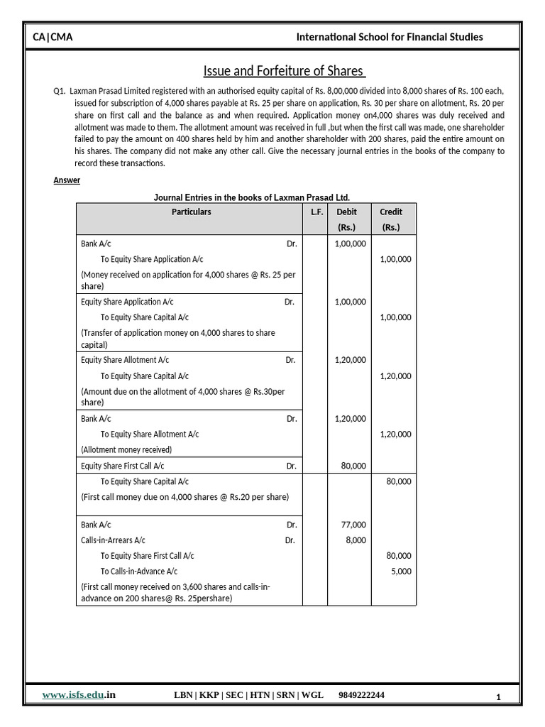 Forfeiture and Reissue of Shares Explained | PDF | Equity (Finance ...
