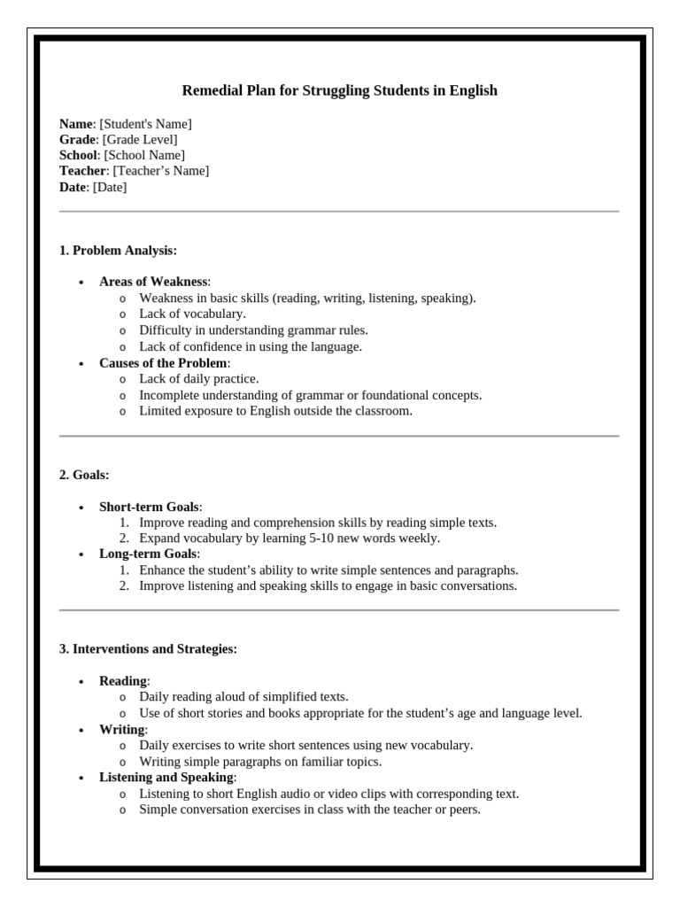 Remedial Plan For Struggling Students in English | PDF | English ...