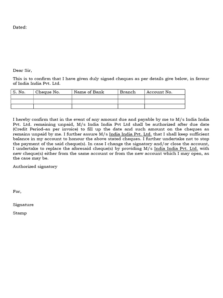 Cheque Undertaking Confirmation Letter | PDF