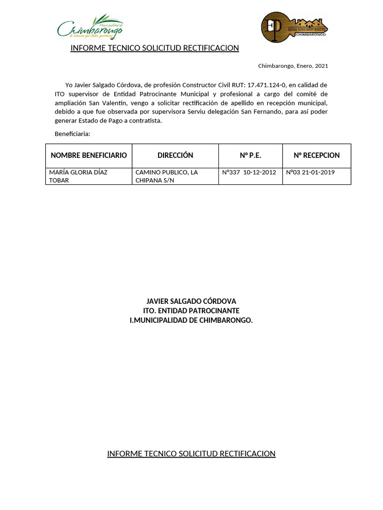 Informe Solicitud Rectificacion | PDF