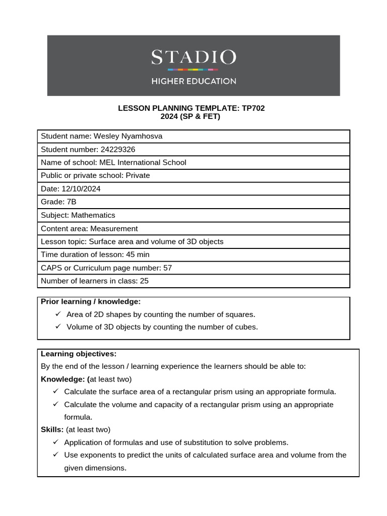 TP LESSON PLAN 4 - Mathematics SP | PDF | Area | Volume