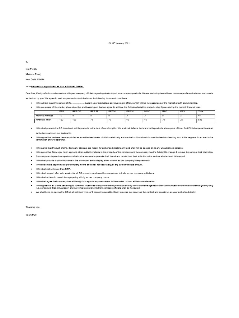 Brand Dealership Request Letter | PDF | Economies | Business