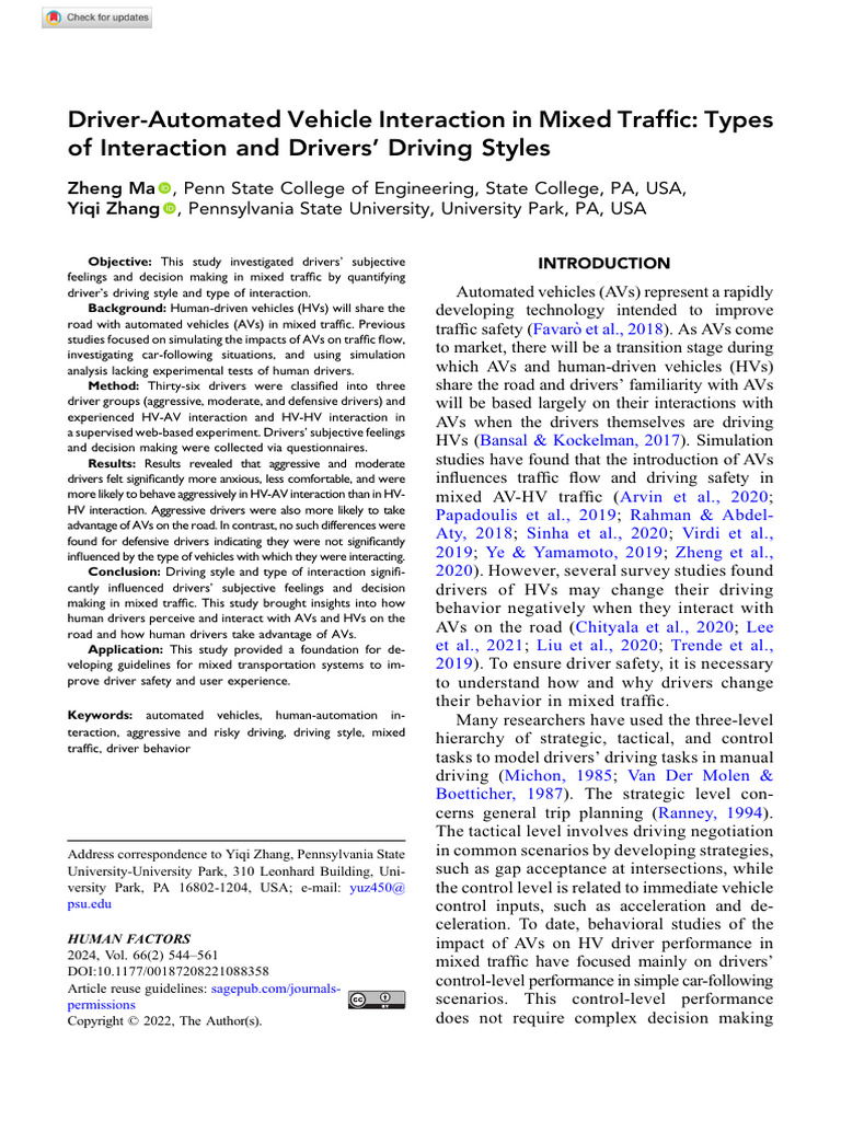 Ma Zhang 2022 Driver Automated Vehicle Interaction in Mixed Traffic Types of Interaction and ...