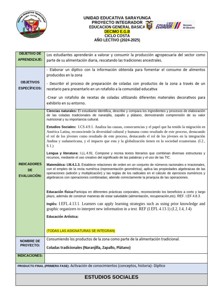PROYECTO INTEGRADOR 2DO TRIMESTRE-10mo EGB 24-25 | PDF | Nutrición | Dieta y nutrición