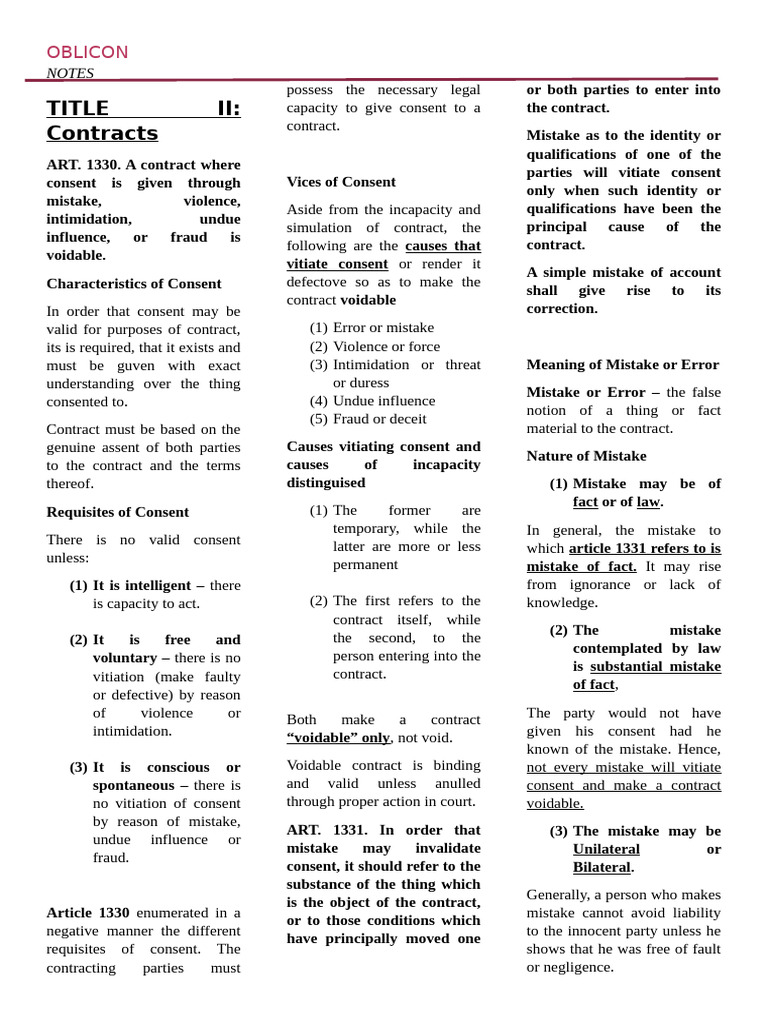 OBLICON-ART-1305-1329 | PDF | Misrepresentation | Annulment