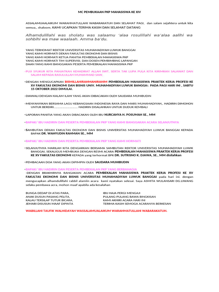 MC PEMBUKAAN PKP MAHASISWA KE XIV | PDF
