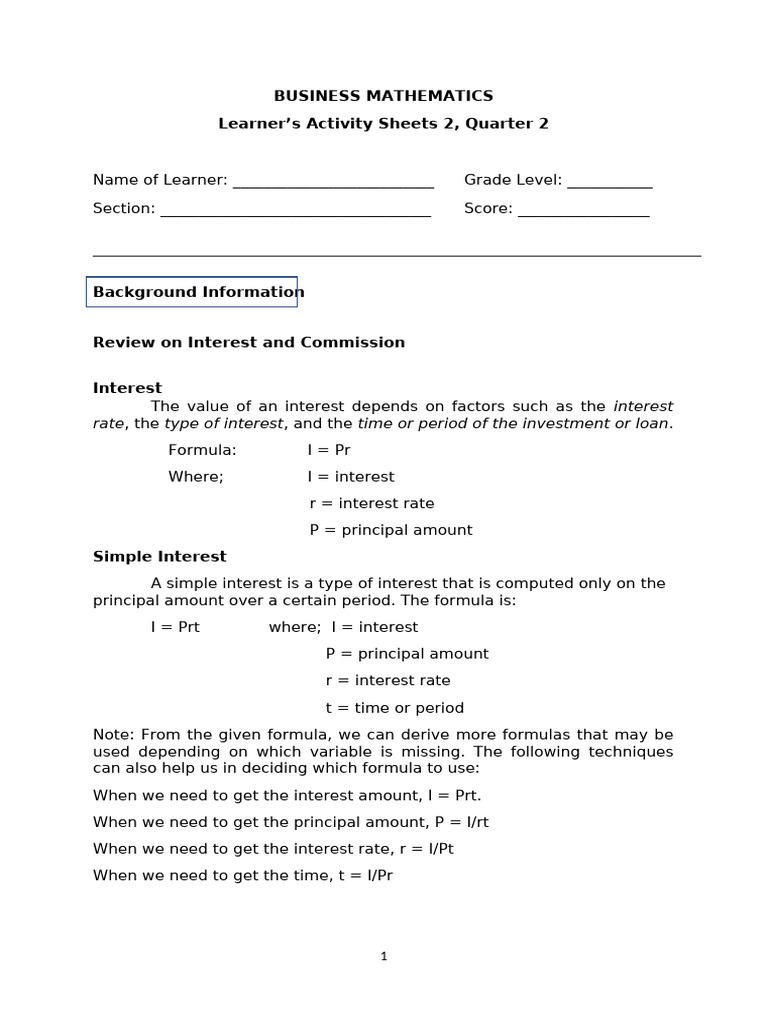 Business Math Q2 - LAS2 | PDF | Interest | Compound Interest