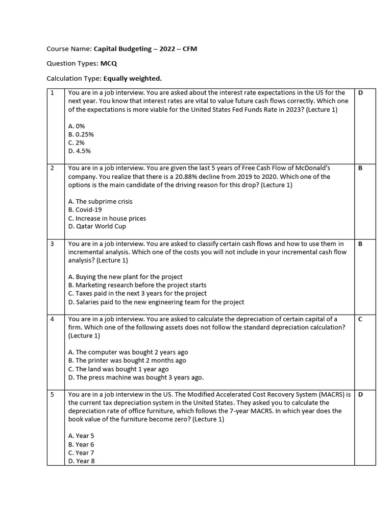 Capital Budgeting Interview Questions | PDF | Depreciation | Capital ...