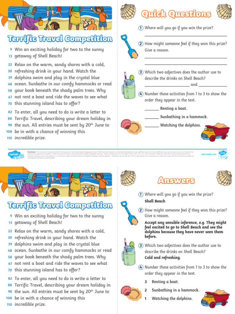 Terrific Travel Reading Comprehension | PDF | English As A Second Or ...