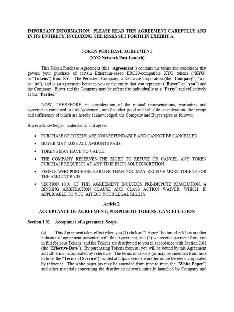 Token Purchase Agreement March 2019 | PDF | Arbitration | Indemnity