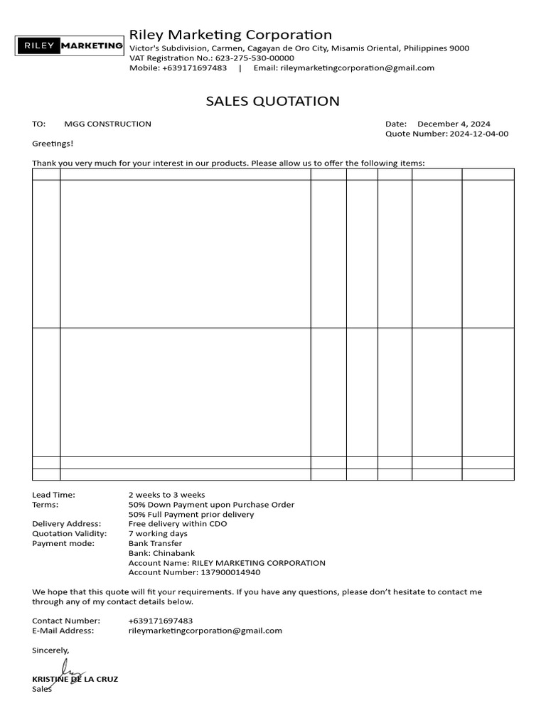 Sales Quotation for MGG Construction | PDF | Materials | Building Engineering