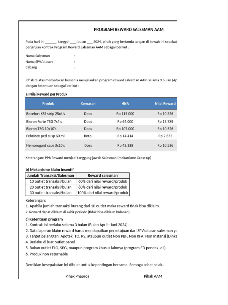 Kontrak Program Reward Salesman OTC 2024 | PDF